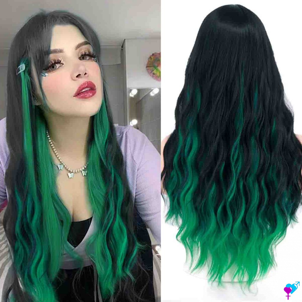 🌈 Perruque longue noire et verte ondulée style Billie Eillish - trans ...